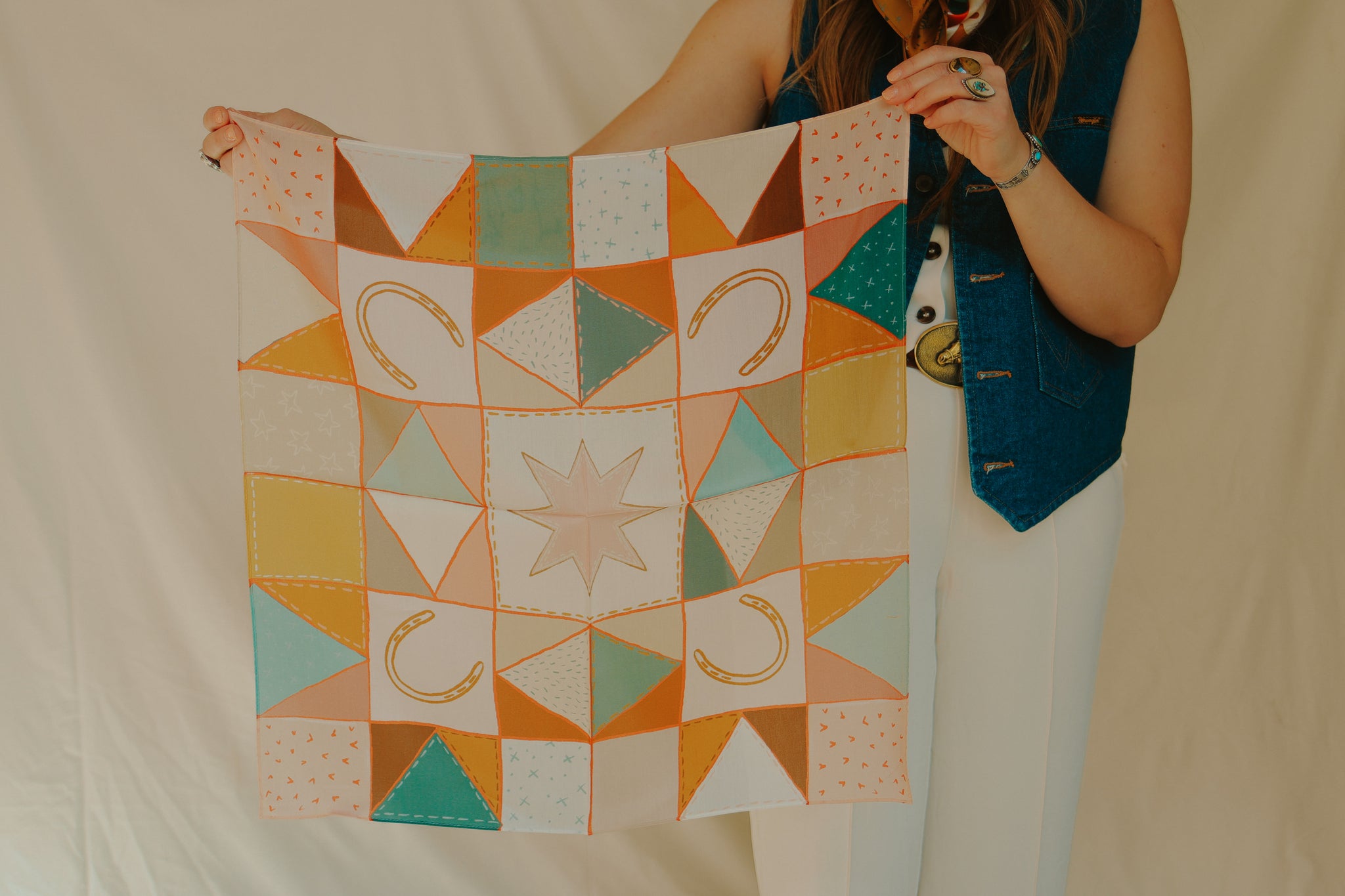 Western Horseshoe Vintage Ranching Patchwork Quilt Silk Wild Rag Scarf ...