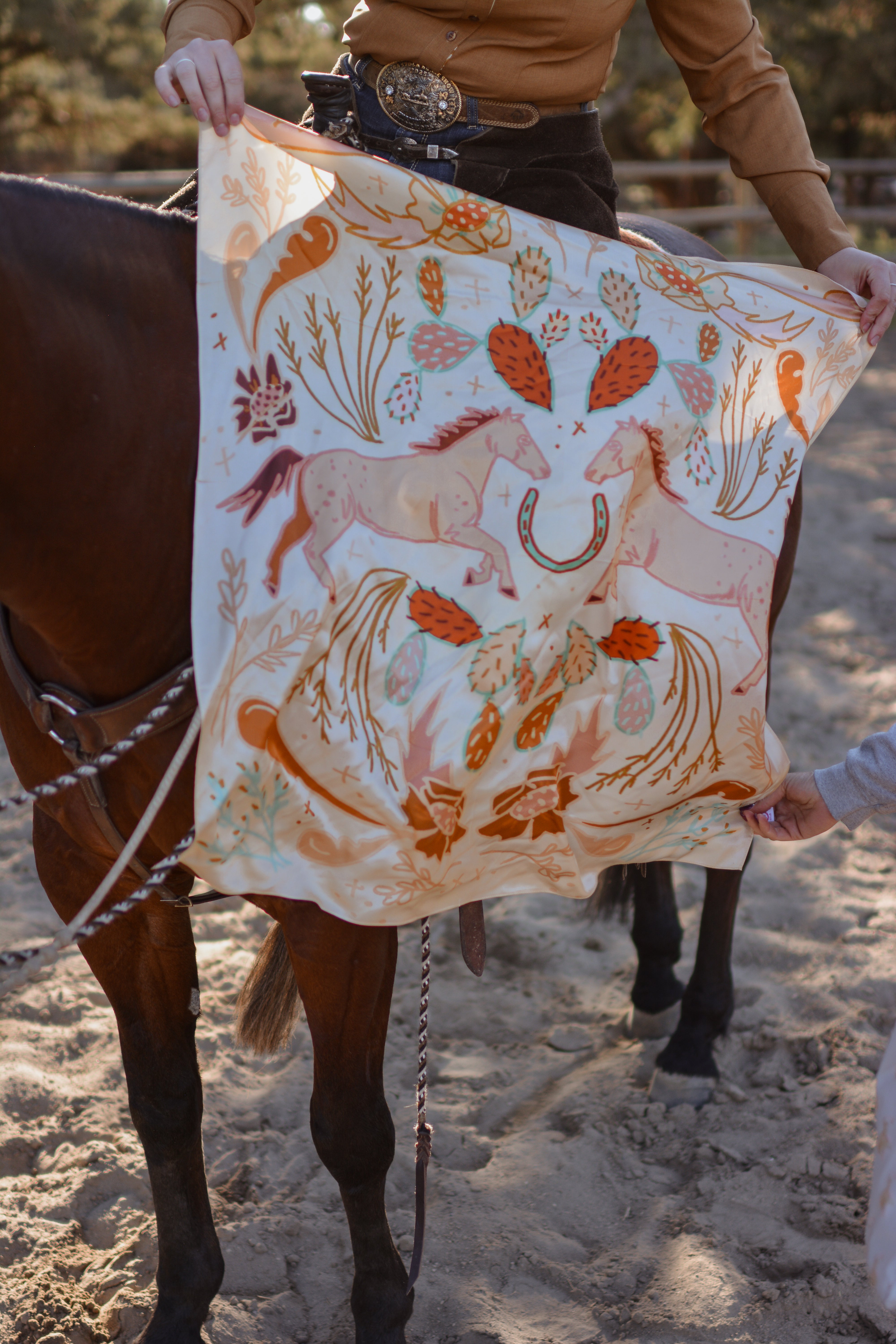 Wild Horse Prairies in Peach Cowgirl Scarf: 35x35 Western Mulberry Sil ...