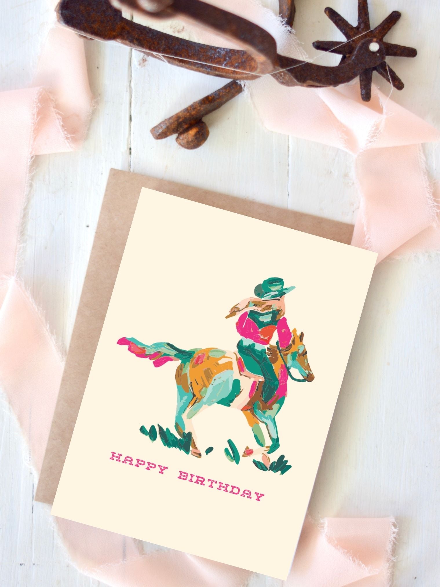 Happy Birthday Colorful Cowgirl Birthday Card – Tirzah Lane Art
